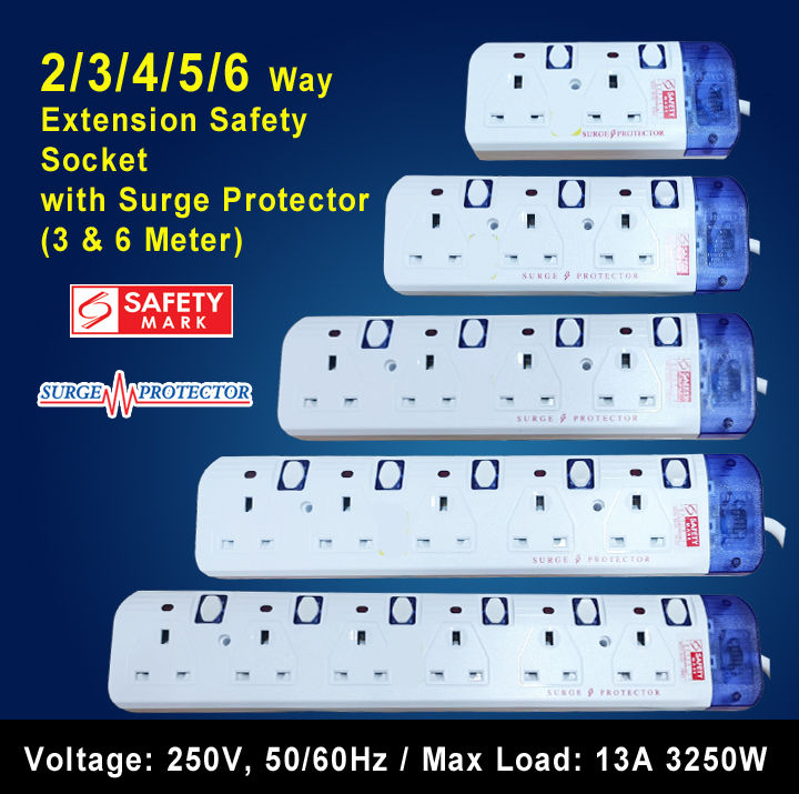 2 to 6 Way Extension Safety Socket with Surge Protection and Safety ...
