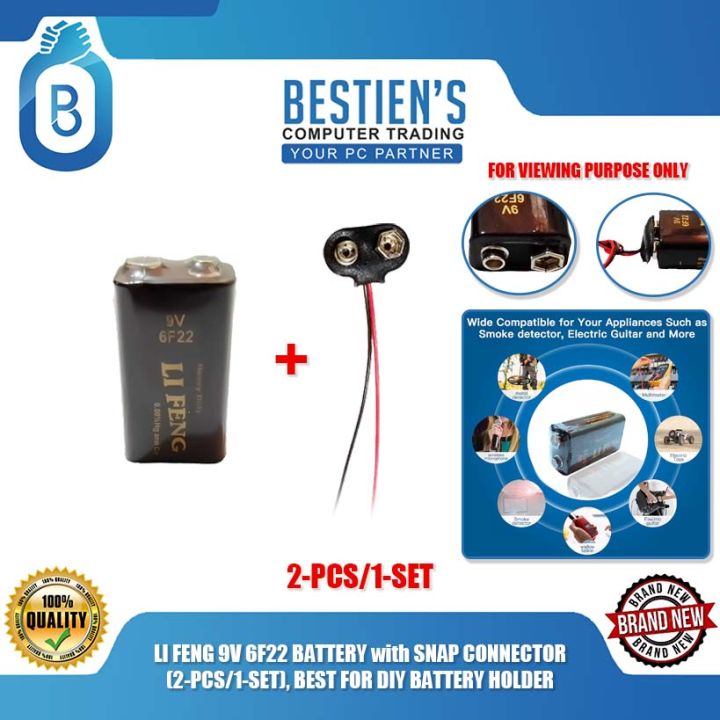 LI FENG 9V 6F22 BATTERY with SNAP CONNECTOR (2-PCS/1-SET), BEST FOR DIY ...