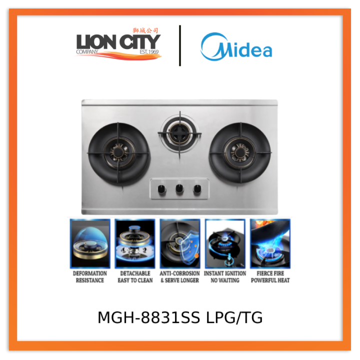 Midea MGH-8831SS-TG/MGH-8831SS-LPG Stainless Steel Gas Hob 3 Burners ...