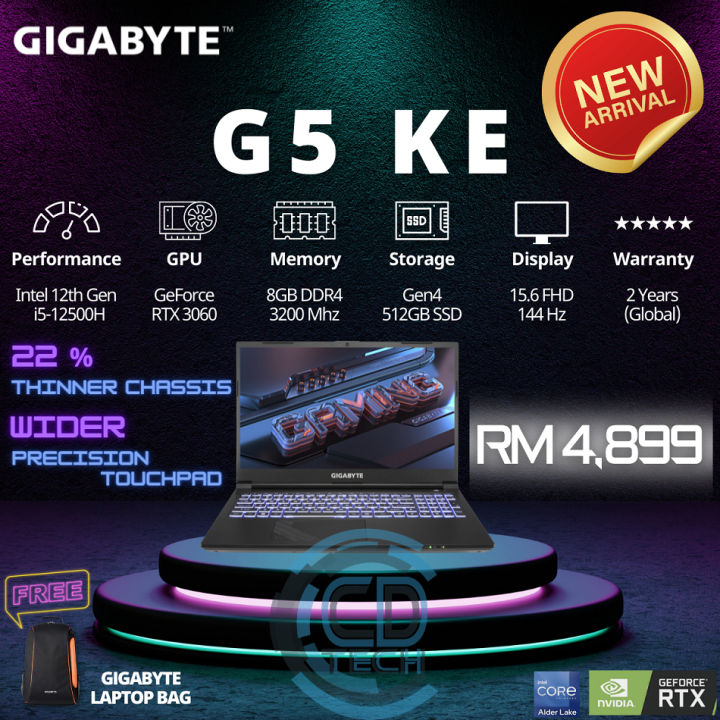 GIGABYTE G5 KE-52MY263SH (I5-12500H/8GB 3200MHZ/Gen4 512GB/RTX 3060 6GB/15.6" FHD 144Hz/W11 Home ...