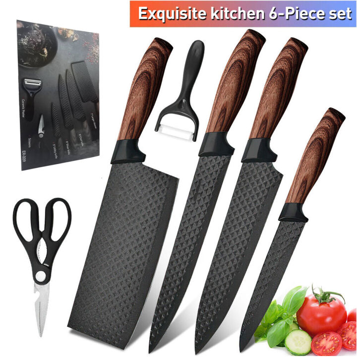 ER-099 Multifunction 6pcs Set Black Blade Paring Utility Santoku Kitchen Knives | Lazada PH
