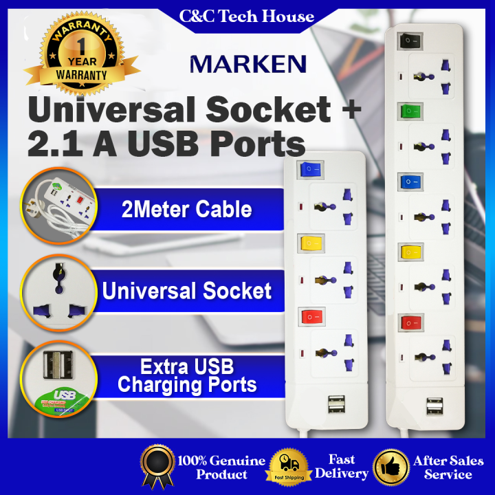 [SIRIM APPROVED] 2M UK Extension Plug Universal Sockets With USB ...