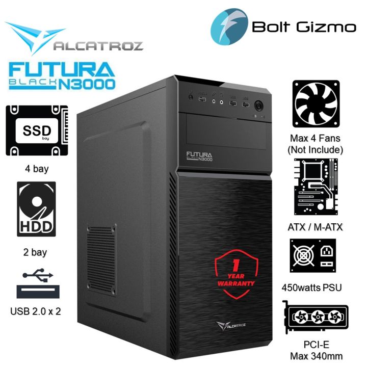 Alcatroz Futura Black N3000 ATX PC Case with 450 Watts Power Supply PC ...