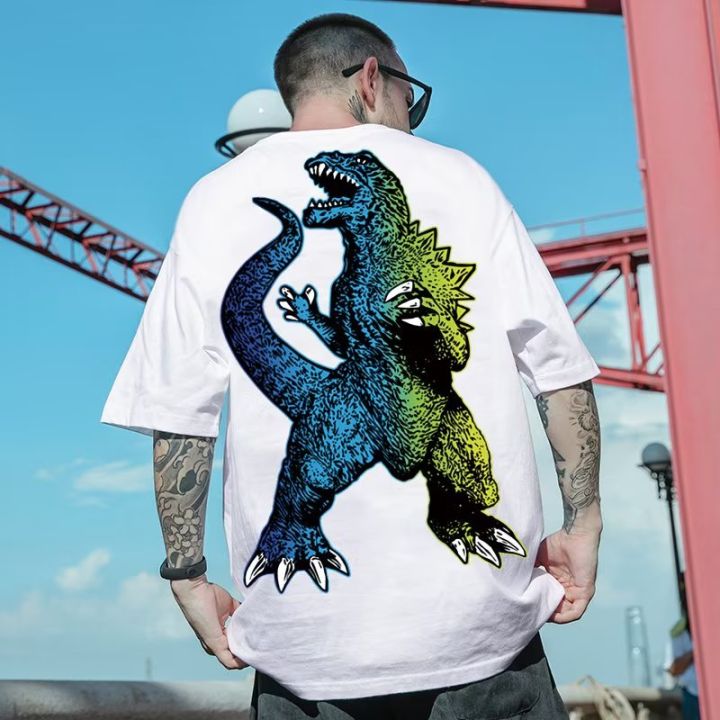(S-8XL) 2022ใหม่หลวมขนาดใหญ่แขนสั้นเสื้อยืดไดโนเสาร์พิมพ์ผู้ชายฤดูร้อนด้านบนครึ่งแขนเสื้อผ้า ...