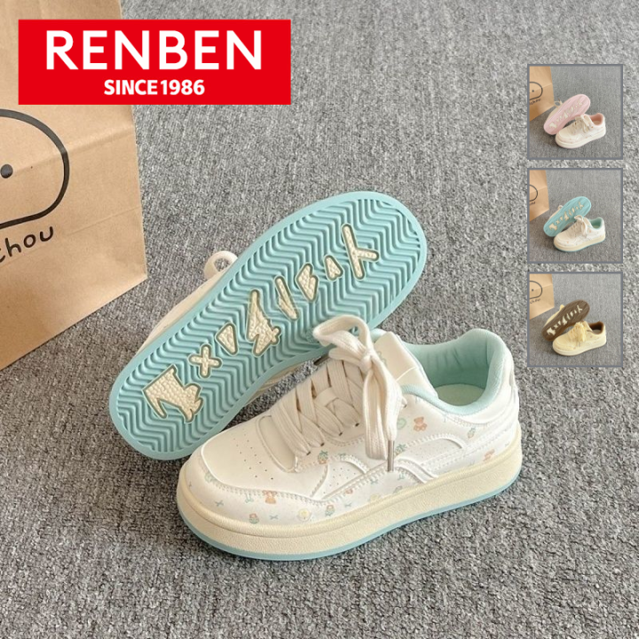 RENBEN Versatile White and Soft Pink Canvas Shoes with Thick Platform for Sweet Academic Style ...