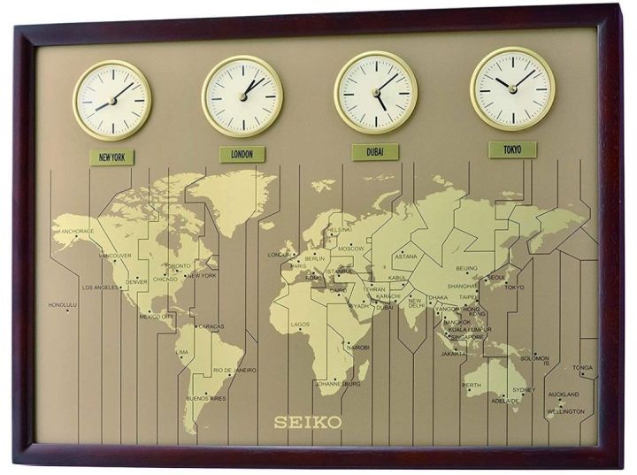 Seiko Clock QXA722B Multi Time Clock World Map World 4 Time Zone Wooden Case Wall Clock QXA722 ...
