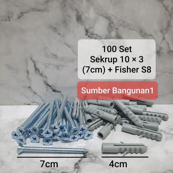 Sekrup FH 10 x 3 + Fiser S8 (100 set) skrup putih 7cm penahan tembok ...
