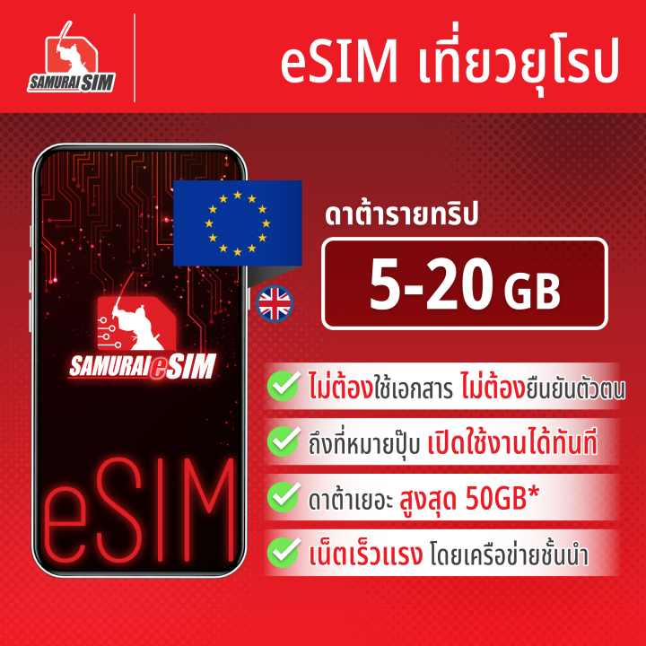 [eSIM] EUROPE (eSIM ยุโรป ดาต้ารายทริป) 5-20GB/TRIP - Samurai Sim by Samurai WiFi | Lazada.co.th