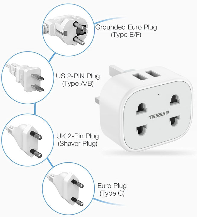 TESSAN Singapore 2 Pin to 3 Pin Adapter Plug Socket with 2 USB Ports ...