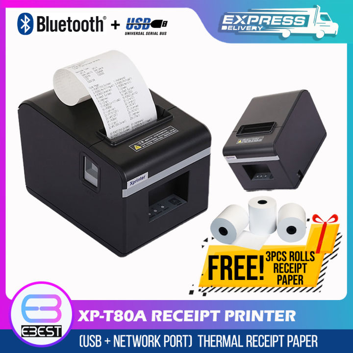 80mm Receipt Printer XP-T80A (USB/Bluetooth) POS Wireless Thermal with 3ROLLS Receipt Paper ...