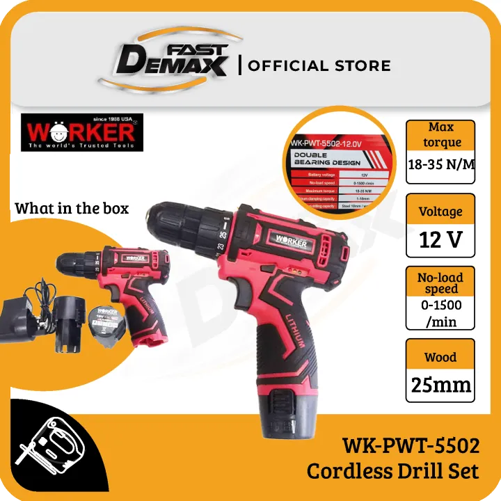 "WORKER" 12V CORDLESS DRILL SET-RED (WK-PWT-5502) With 2 Batteries Electric Drill Machine Gerudi ...