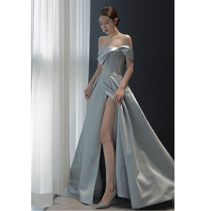 Light Blue Korean Split Long Birthday Party Evening Dress Elegant Satin ...