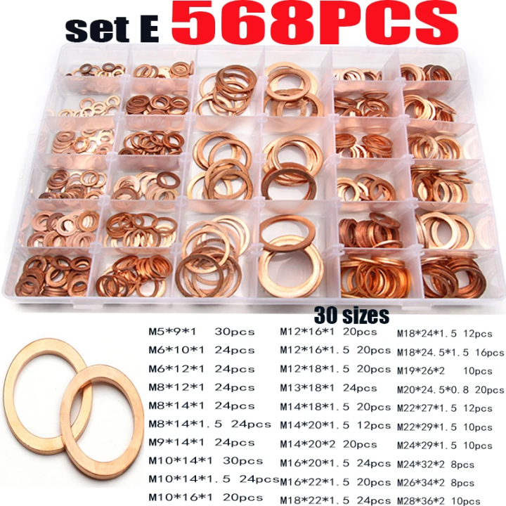 568pcs O-Ring Copper Washer Gasket Set M4-M28 Flat Ring Seal For Boat ...