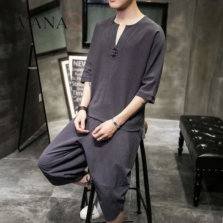 VANAQ short sleeve linen suit men's Tang suit youth Zhongshan suit Zen ...