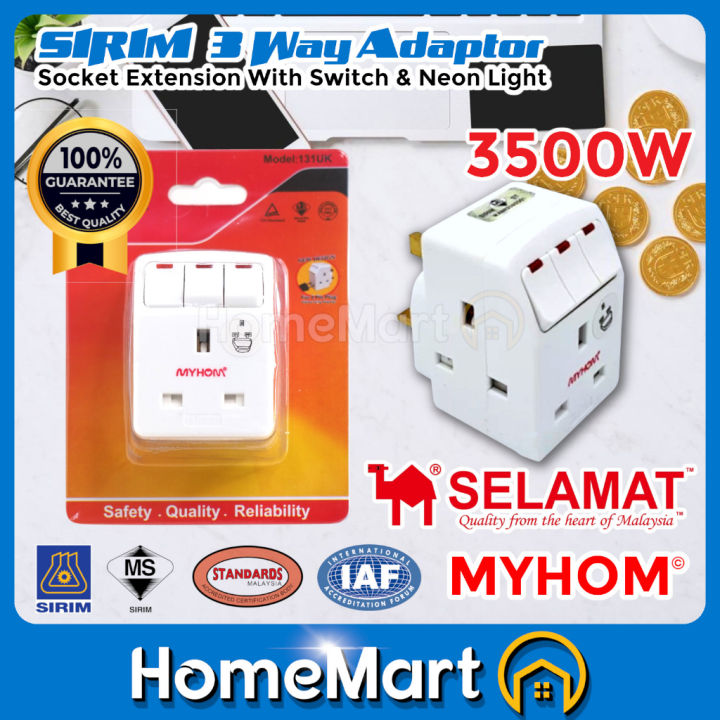Selamat Myhom 13a 3 Way Adaptor Extension Socket With Neon Switch Sirim Adaptor Sa 32 131uk Lazada