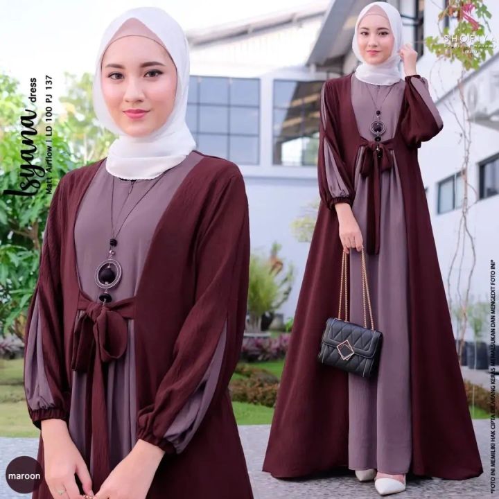 Isyana Dress Cantik Bahan Cringkle Airflow Gamis Wanita Dewasa Terbaru 2024 Lebaran Kekinian ...