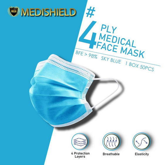 MEDISHIELD MEDICGOLD SAFETY PLUS 50 Pcs Box Blue Mask 4 Ply Medical ...