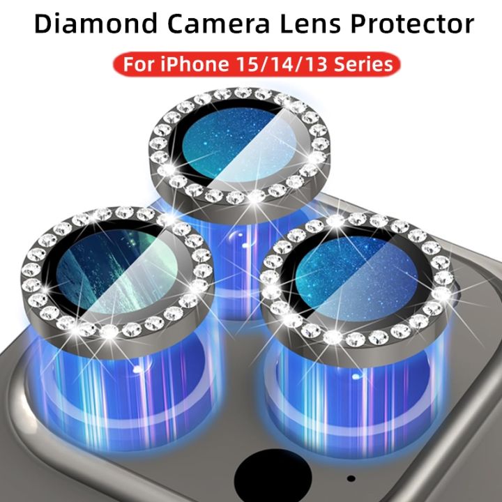 Glitter Diamond Camera Protector For iPhone 15 14 13 Pro Max 9H ...