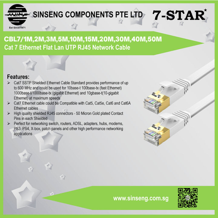 7-STAR* Cat 7 Flat White 10Gbps 50CM 0.5M/1M/2M/3M/5M/10M/15M/20M/30M ...