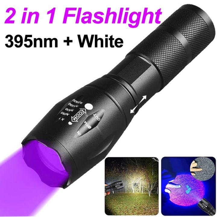 2 In 1 Ultraviolet Flashlight Purple White Dual Light Zoomable Torch ...