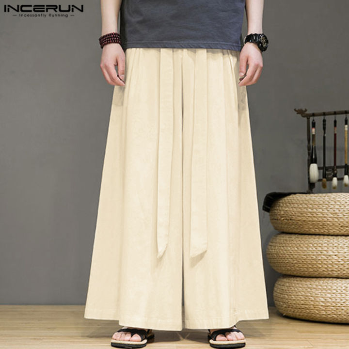 INCERUN Mens Ethnic Wear Elastic Waist Cotton Linen Loose Pleated Pants ...