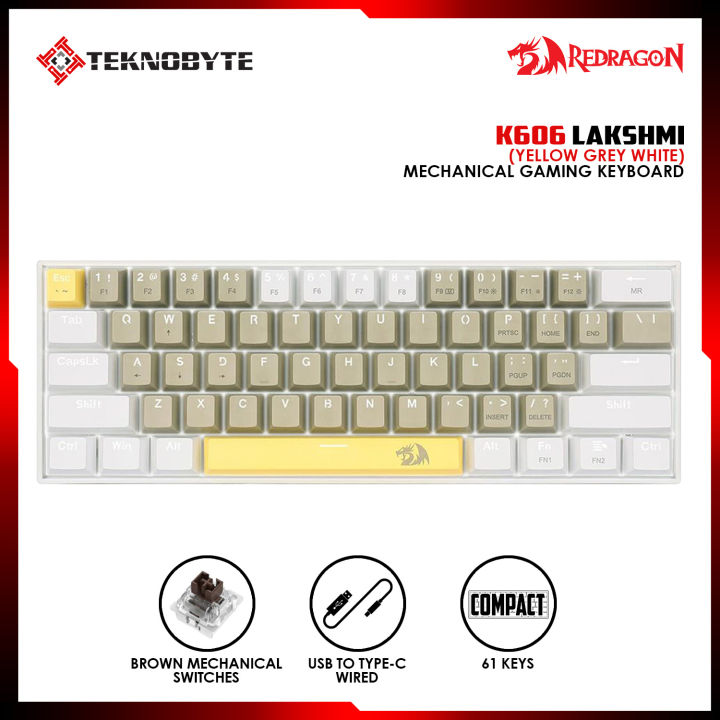 Redragon K606 Lakshmi (Yellow Grey White) Brown Switch Detachable Wired Mechanical Keyboard ...