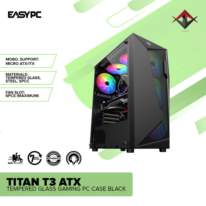 EasyPC | Fuzion Titan T1/ T2 and T3 ATX Tempered Glass Gaming PC Case Black for Desktop PC ...