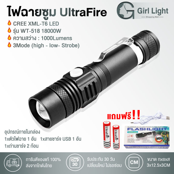 Girl Light ไฟฉายแรงสูง กันน้ำ UltraFire LED CREE T6 รุ่น WT-518 ไฟฉาย ...