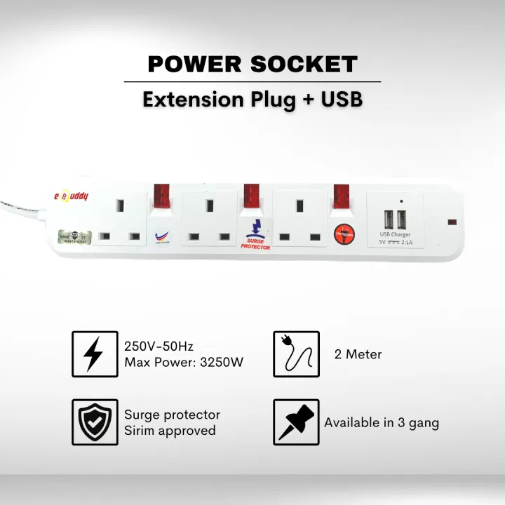 Power Socket Extension with USB Ports and Surge Protector 3 Gang 4 Gang ...