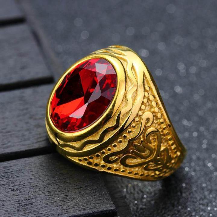 Classic Ring Vintage Big Red Crystal Stone Stainless Steel Rings Men ...