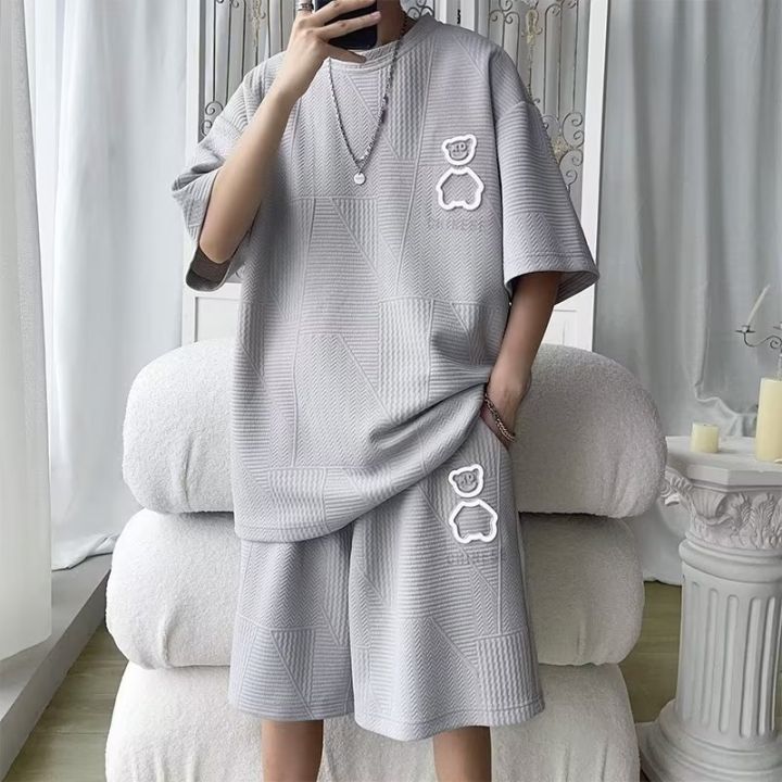 FULAIDA เซ็ตเสื้อยืดแขนสั้นสำหรับผู้ชาย,เซ็ตเสื้อวาฟเฟิลลำลองอเนก ...