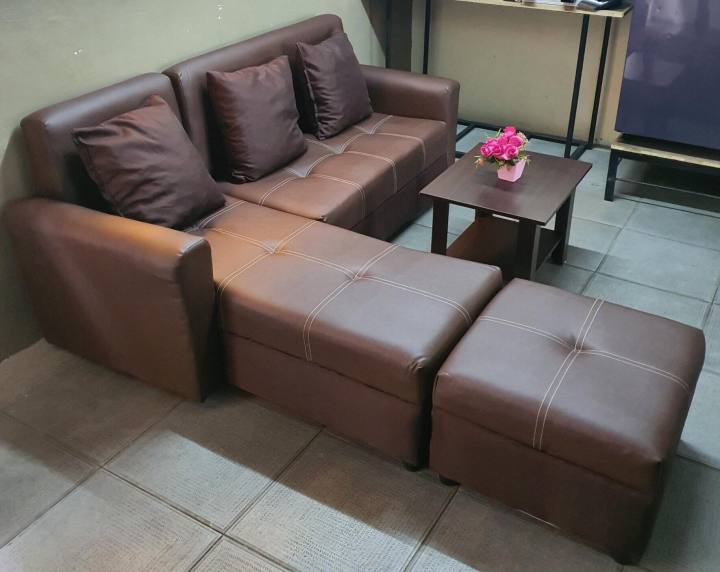 sala set L shape brown leather with center table uratex foam cod ...