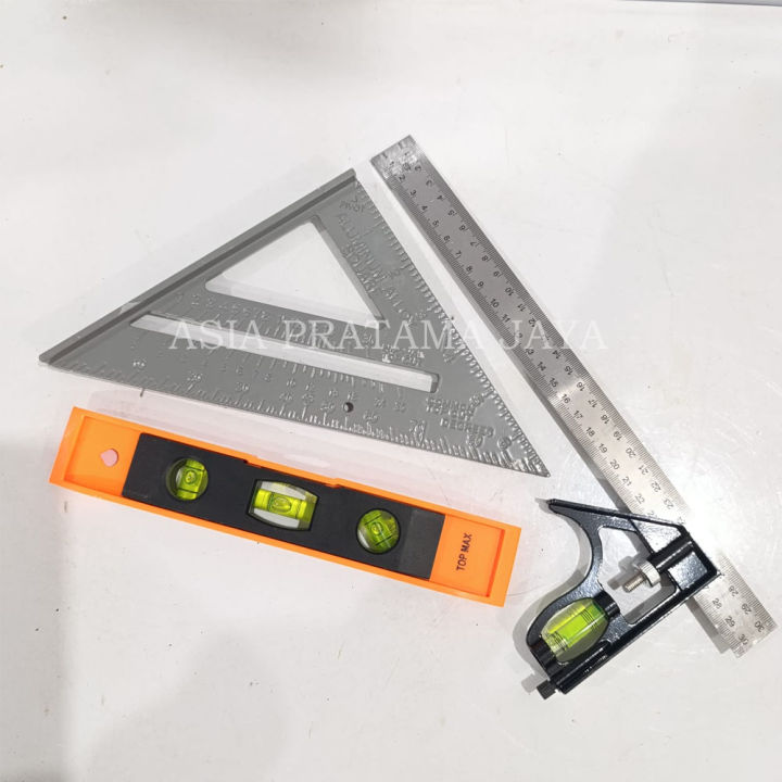 PAKET 3 ITEM Penggaris Tukang Siku Mistar Multifungsi ada Waterpass ...