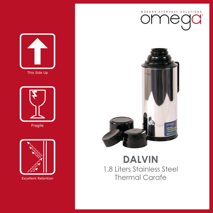 Omega Houseware Dalvin Stainless Steel Drinking Thermal Carafe 1.8L 10 ...