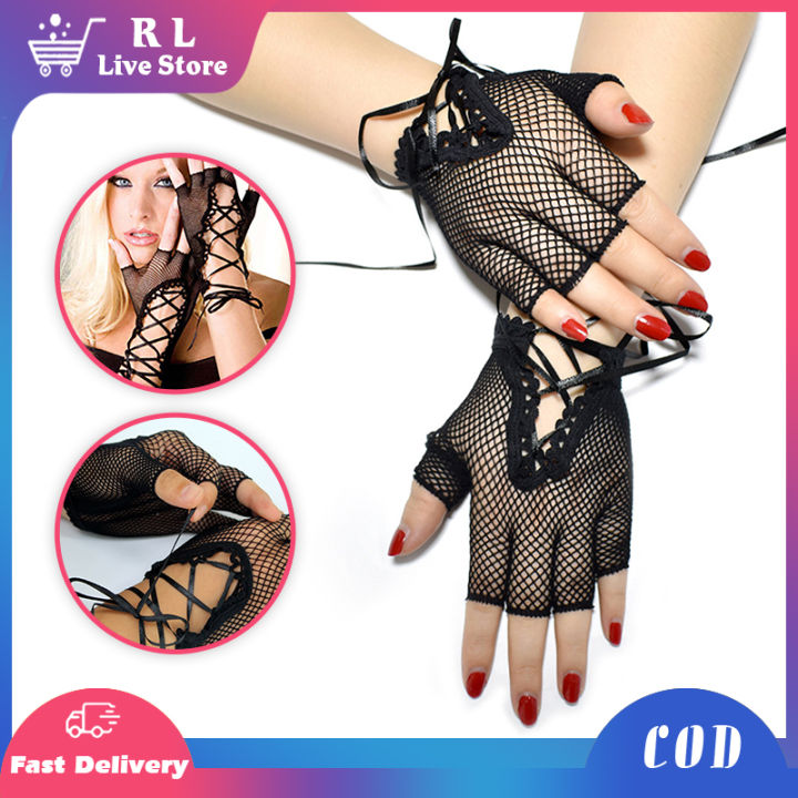 Goth Punk Half Finger Fishnet Gloves Lace Glove Short Mitten Breathable Girls Halloween Lolita ...