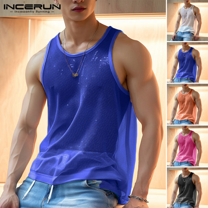 Beehoo INCERUN เสื้อกั๊กผู้ชายคอกลมแขนทึบดูผ่านเงาเสื้อเสื้อกล้ามแบบ ...