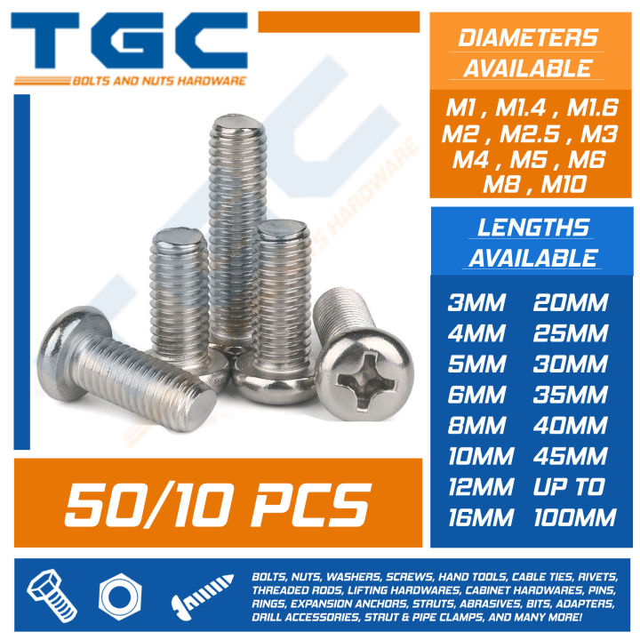 50/10 PCS SS Roundhead M1.4 / M1.6 / M2 / M2.5 / M3 / M4 / M5 / M6 / M8 / M10 Stainless Round ...