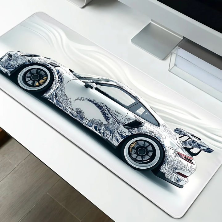 White Ukiyo-e Style Sports Car Mouse Pad, Large Gaming Mouse Mat with ...