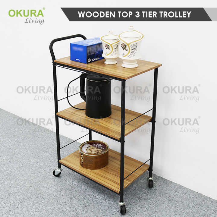OKURA Wooden 3 tier Kitchen Trolley Kitchen Cart Storage Rotating ...