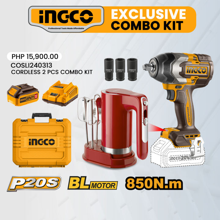 Ingco 2pcs Cordless Combo Kit 20V Brushless Lithium-Ion Impact Wrench ...