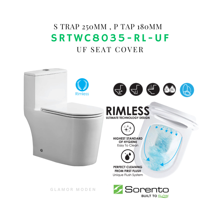 SORENTO SRTWC8035-RL-UF ONE PIECE WATER CLOSET WASHDOWN WITH RIMLESS S TRAP 250mm & P TRAP 180mm ...