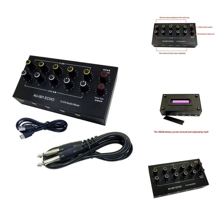 5-Channel Audio Mixer Portable Mini Microphone Extender Mixing Console with Reverb Type-C ...