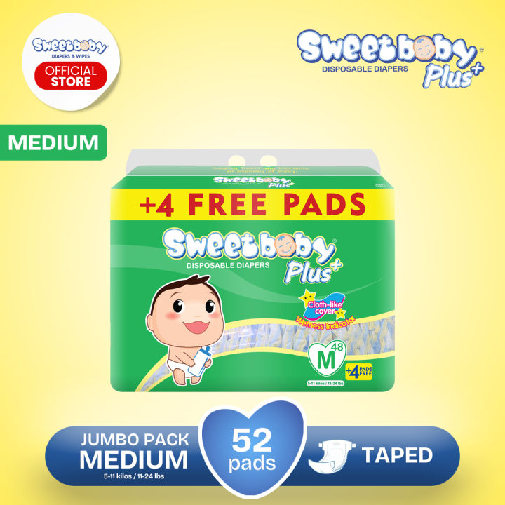 SWEETBABY PLUS JUMBO PACK TAPED DIAPER MEDIUM 48+4 PADS - DISPOSABLE ...