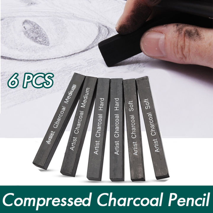 6Pcs Compressed Charcoal Sticks Black Square Soft/Medium/Hard Graphite ...