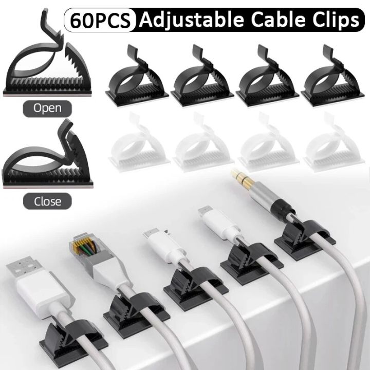 60Pcs Adjustable Cable Management Clips Self Adhesive Cable Organizers Upgraded Wall Wire Clips ...