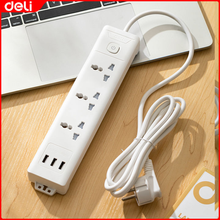 Deli 2 Meters Universal Hole Extension Cord Socket 3 Groups+3 USB Port ...