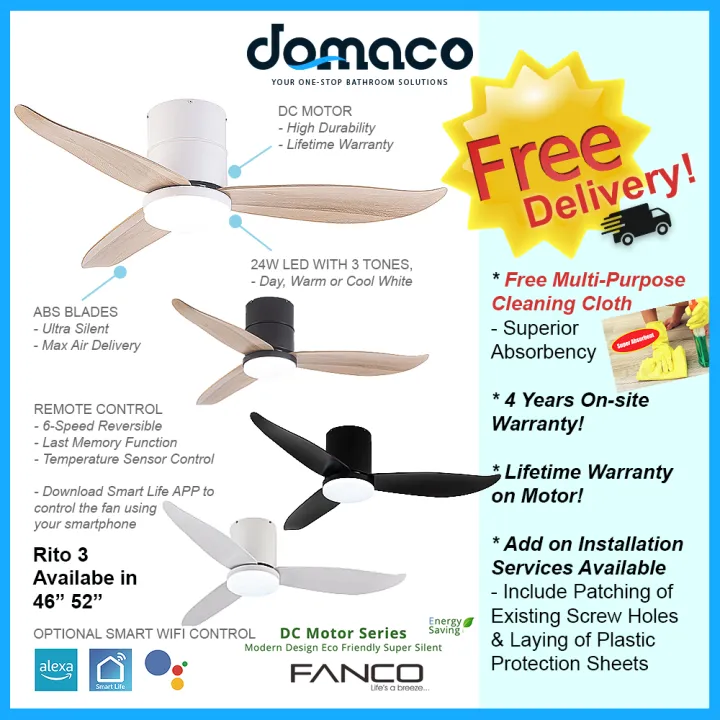 Fanco Rito 3 Hugger Ceiling Fan with 24W 3 Tone LED Light Kit and ...