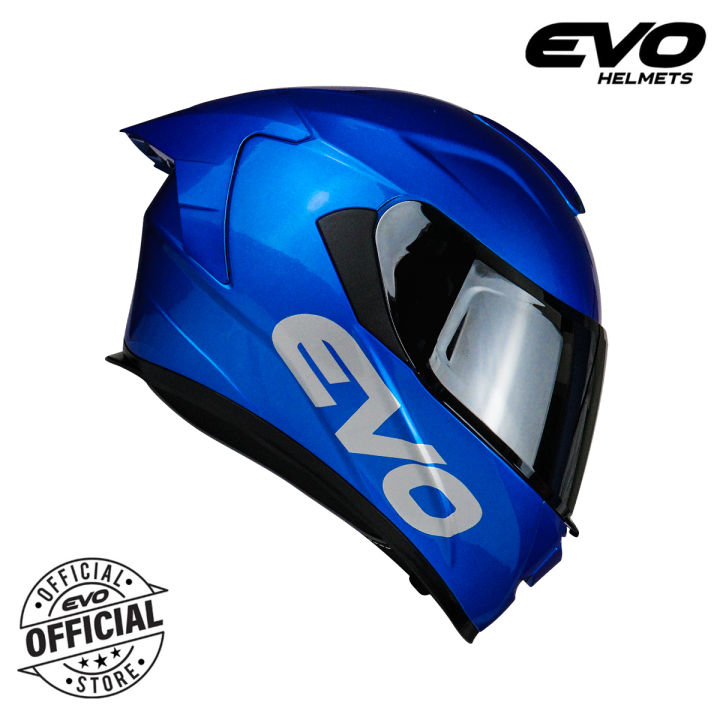 EVO GT-PRO Plain Glossy Blue (Silver) Dual Visor Full Face Helmet with ...