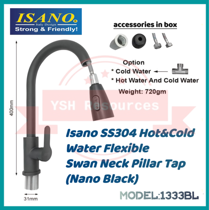 Isano SS304 Hot&Cold Water Flexible Swan Neck Piilar Tap | 1333BL (Nano ...
