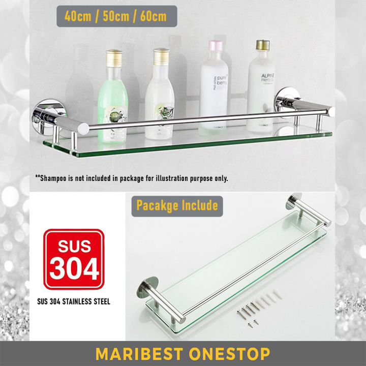 K08 GLASS SHELF SHAMPOO RACK BATHROOM SUS 304 STAINLESS STEEL 40/50/60 ...